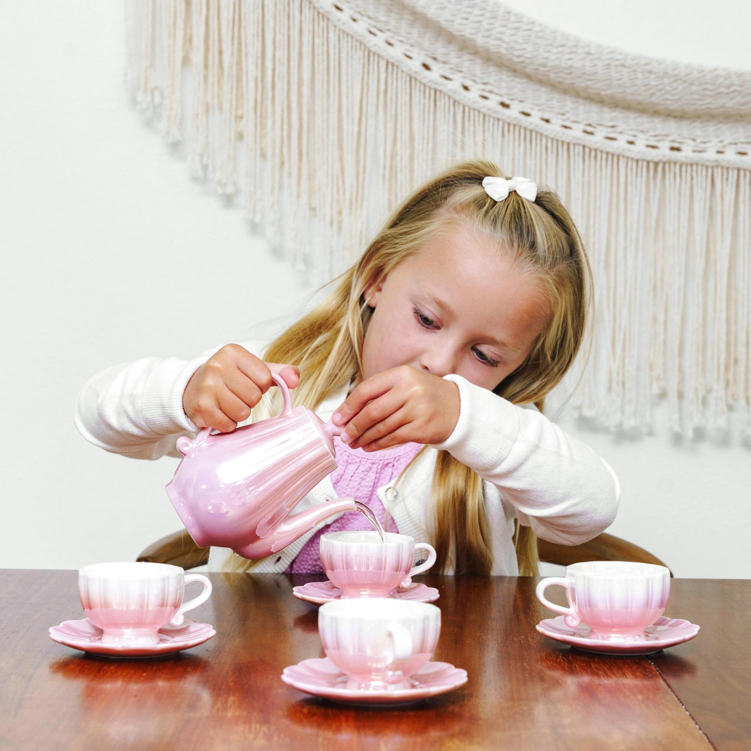 Dream Studio Ceramic Tea Party Set [2023 Amazon Exclusive] 9-Piece Pretend Set, Teapot 4 Cups & 4 Saucers, Hand-Painted Glaze, Safe BPA-Free & Non-Toxic, Imagination Play Activity Toy for Girls & Boys