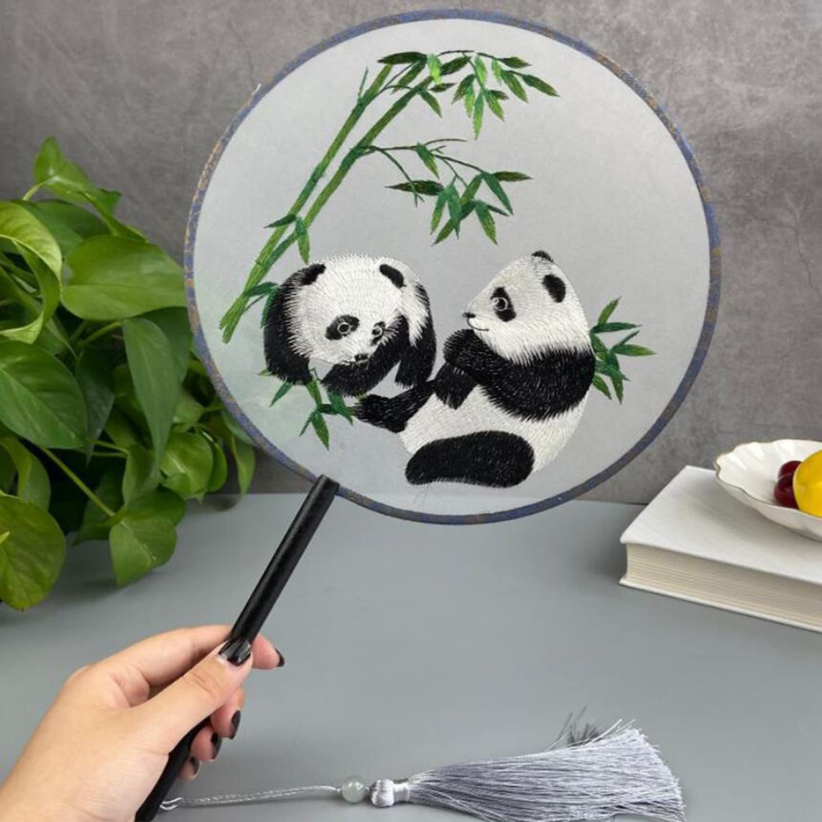 ERTUO Embroidered Long Handle Hand Fan Panda Embroidered Round Fan Semi-Transparent Retro Hanfu Dance Cheongsam Chinese Style Classical Fan