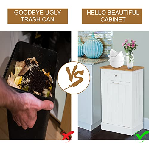 Kinsuite Tilt Out Trash Bin - White Wooden Trash Cabinet, Free Standing Kitchen Trash Can, Holder & Recycling Cabinet with Hideaway Drawer, Removable Bamboo Cutting Board