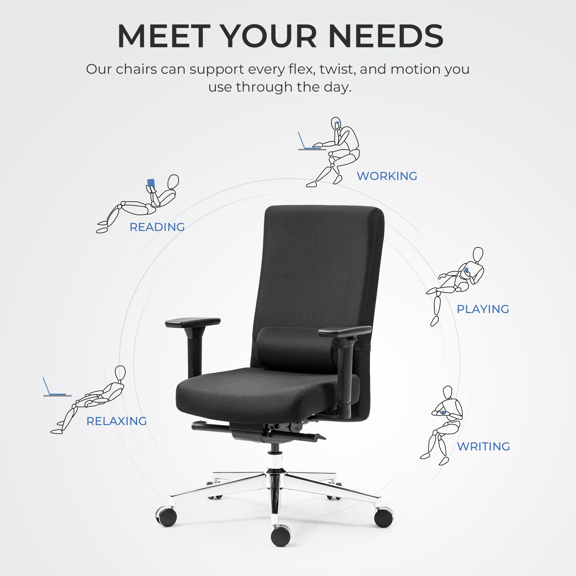 Dowinx Ergonomic Office Chair with Adjustable Seat Depth, Reclining Desk Chair with Lumbar Support, Fabric Computer Chair with 3D Armrest for Adults 350Lbs, Task Chair for Home Work, Executive Black