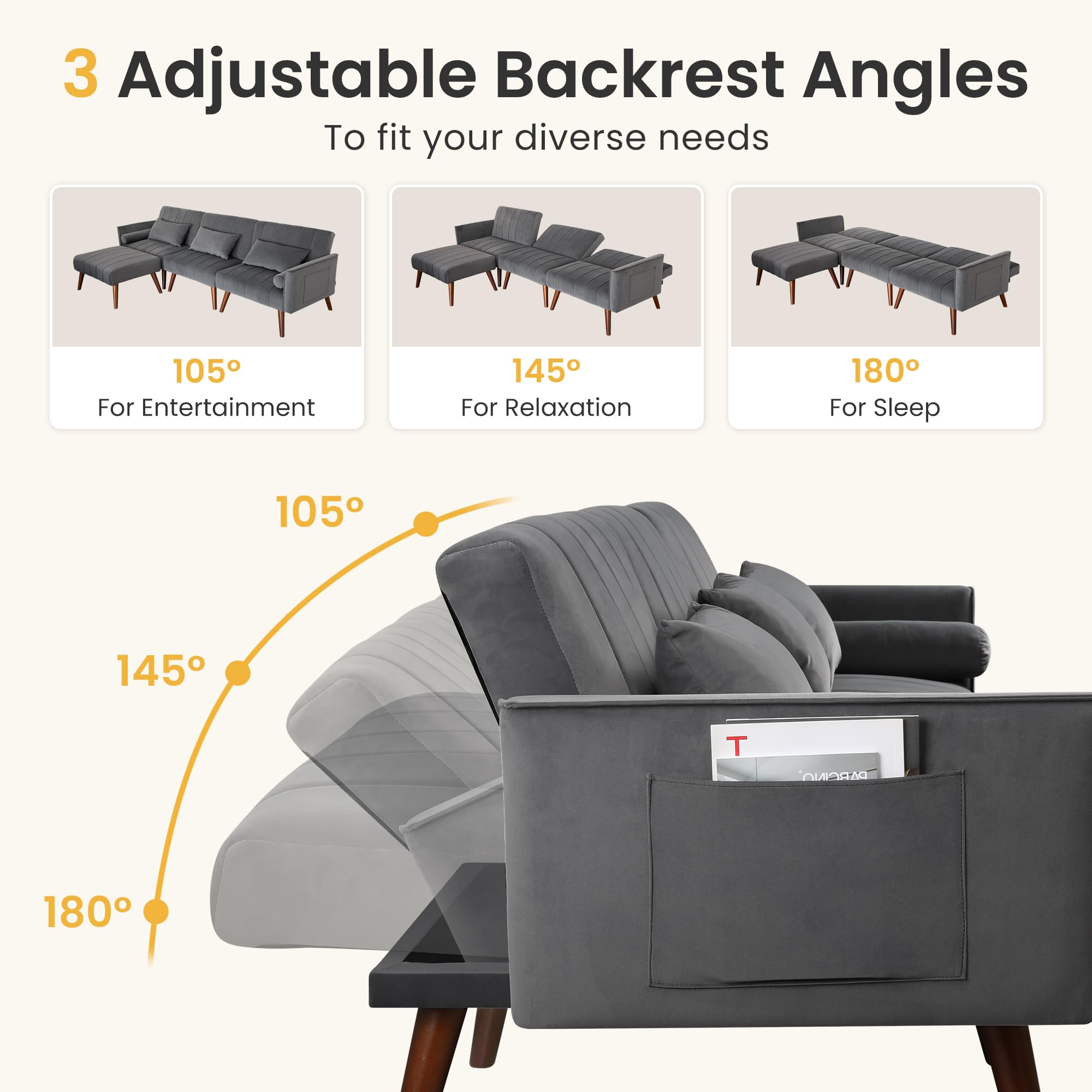 May in Color Velvet Sectional Convertible Sleeper Sofa, 3 Seat Folding Sofa Bed with Reclining Backrest, Modern Futon Couch for Living Room, Apartment, Grey