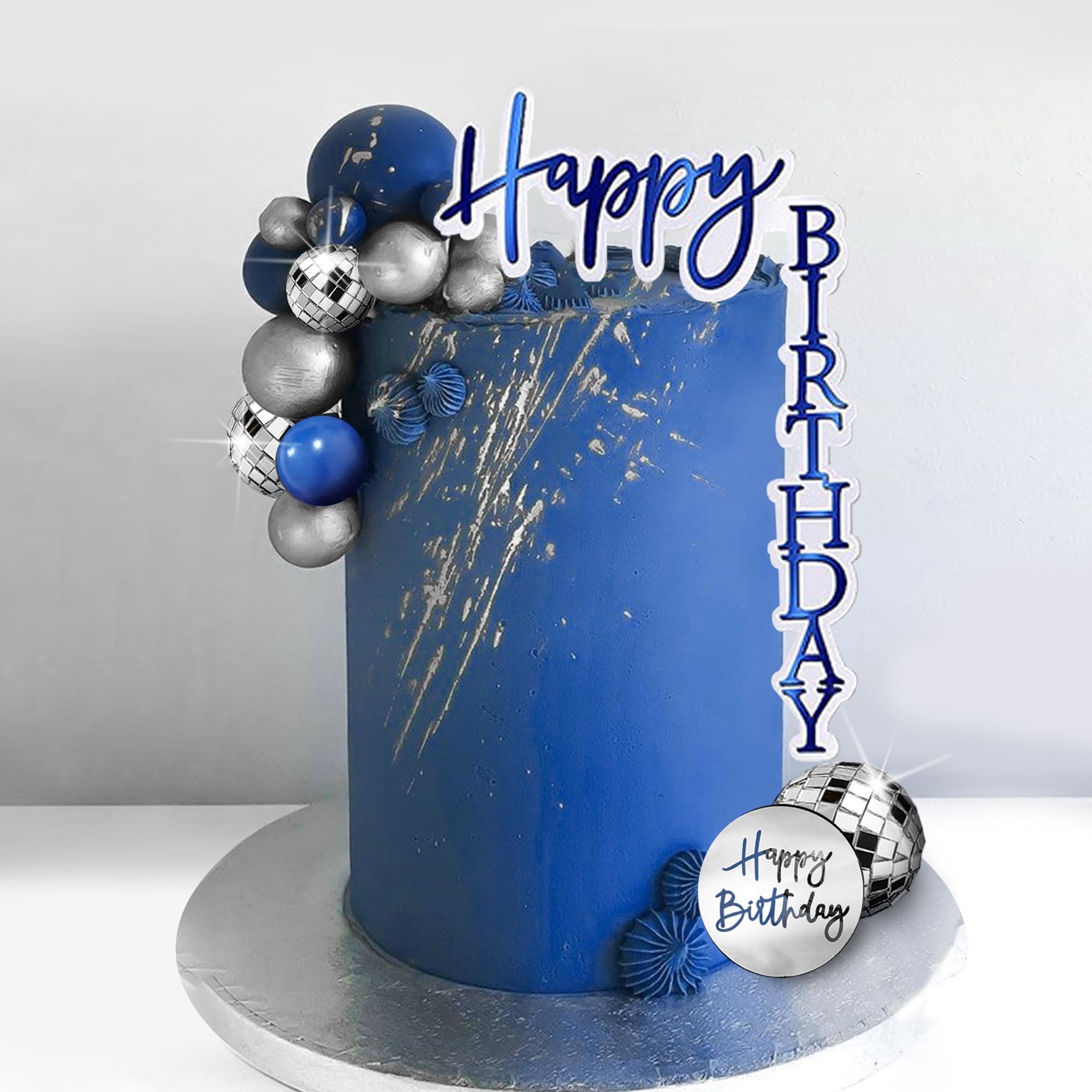Man Cake Topper Blue Silver Disco Ball Cake Topper Boho Cake Topper Decorations for Navy Blue Boho Wedding Man Boy Birthday Party Baby Shower Supplies (Blue 02)