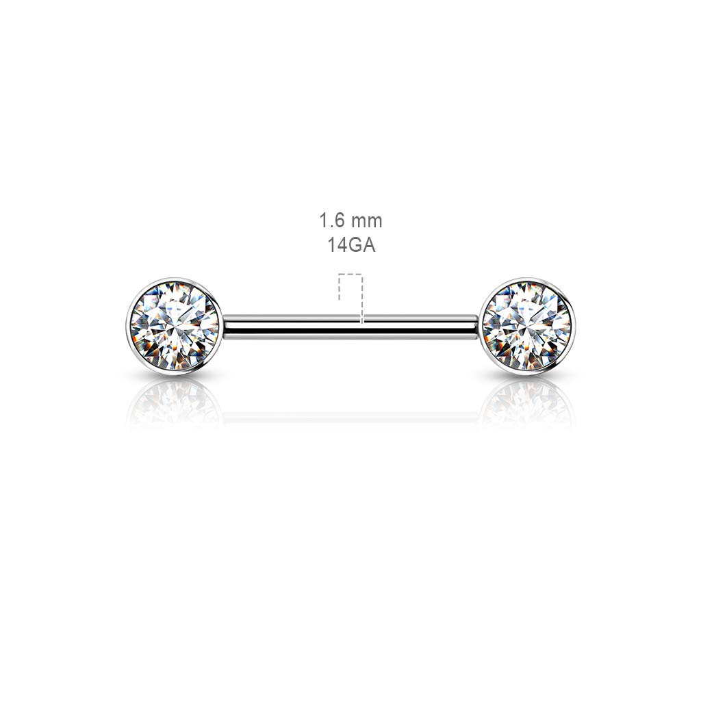 Dynamique Implant Grade Titanium Nipple Barbells With CZ Bezel Set Internally Threaded Ends (Sold Per Pair Or Per Piece)