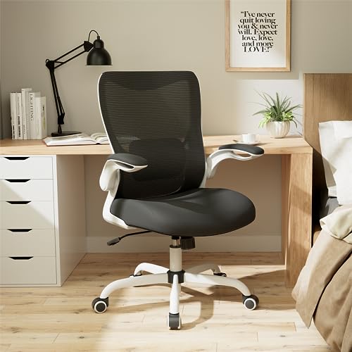 MUXX.STIL Office Chair, Ergonomic Desk Chair with Adjustable Lumbar Support and Flip up Armrest, Breathable Mesh Computer Chair for Home Office, White