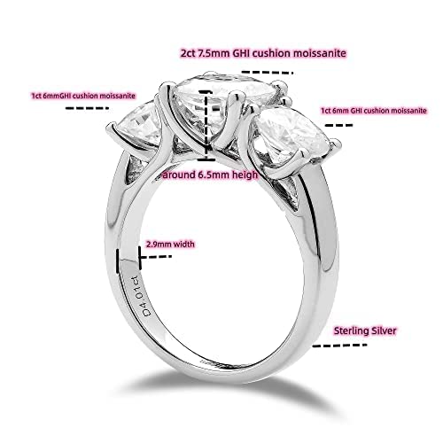 DovEggs Sterling Silver 4ct Center 6mm-7.5mm-6mm Cushion Cut 3 Stone Moissanite Engagement Ring Wedding Band for Women Band Width 2.7mm (6)