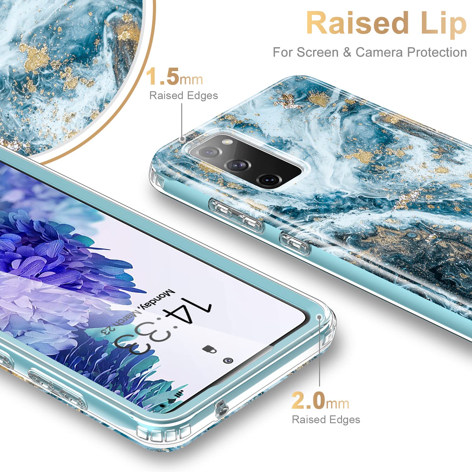 Esdot Compatible with Samsung Galaxy S20 FE Case with Built-in Screen Protector,with Fashionable Designs for Women Girls,Protective Phone Case for Galaxy S20 FE 6.5" Opal Marble Teal