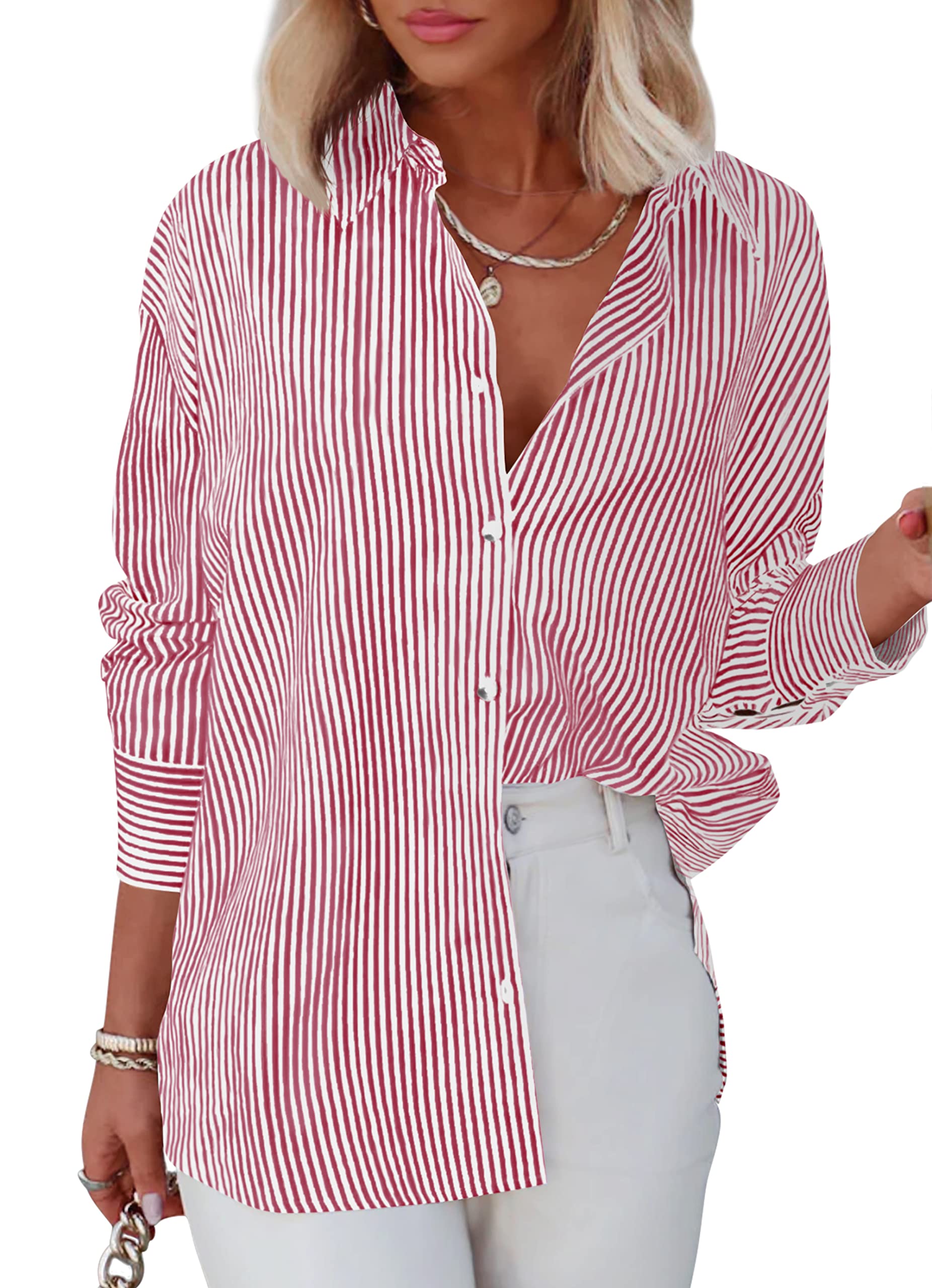 Diosun Womens Striped Button Down Shirts Classic Long Sleeve Stylish Collared Office Work Blouses Tops (Medium, Red)