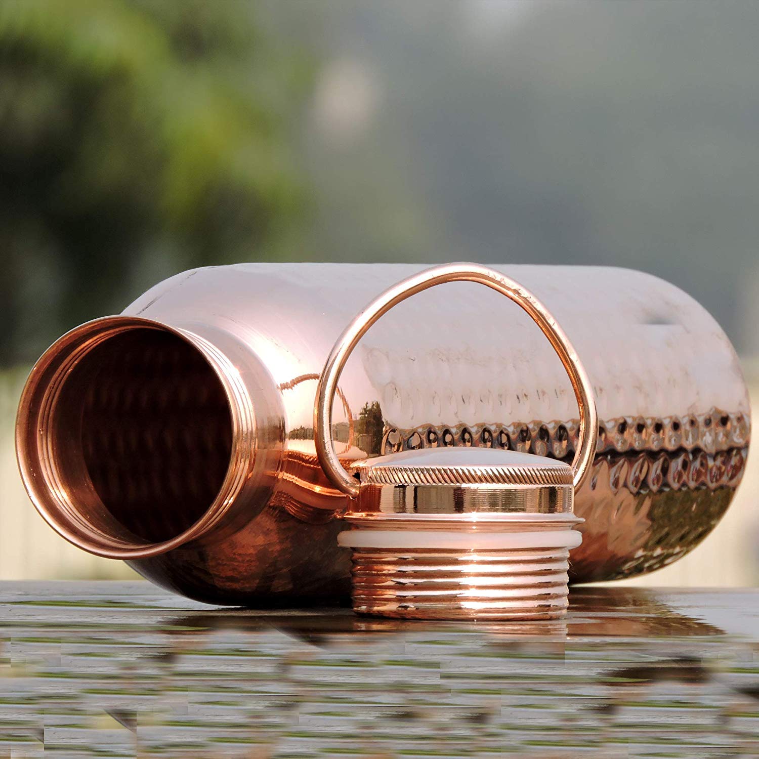 Hammered Pure Copper Water Bottle with HANDLE Joint Free with Ayurvedic Benefited 100% Pure and Leak Proof Bottle 33.84 US FL Ounce Capacity