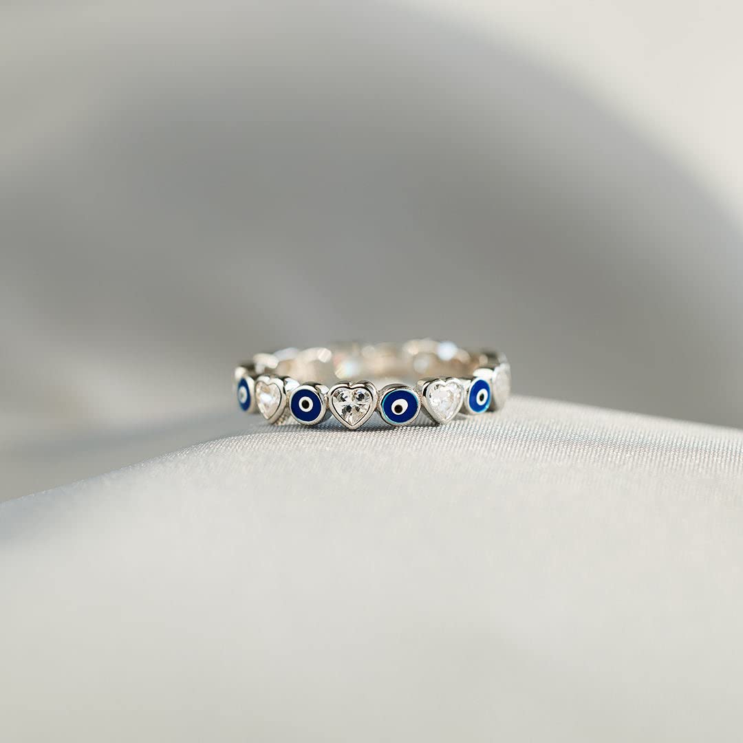 Fahm Tale Evil Eye Ring for Women 925 Sterling Silver Cubic Zirconia Stackable Band Rings Jewelry Valentines Gifts with Card and Gift Box, Size 5
