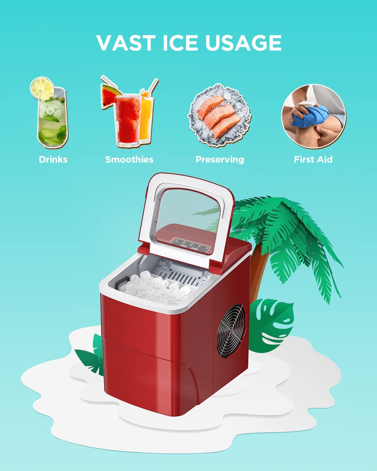Ice Makers Countertop - Silonn Portable Ice Maker Machine for Countertop, Make 26 lbs Ice in 24 hrs, 2 Sizes of Bullet-Shaped Ice with Ice Scoop and Basket, Red