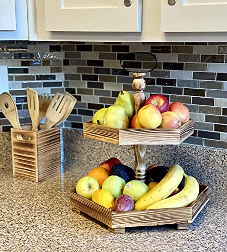 Farmhouse Tiered Tray - Two Tier Tray in Rustic Wood for Kitchen Counter, Wooden Serving Tray, Cupcake Stand, Coffee Bar and Food Display