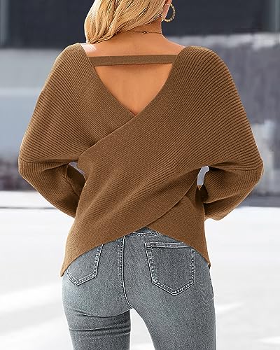 KIRUNDO 2023 Fall Winter Women's Long Sleeve Cross Wrap V Neck Knit Sweater Off Shoulder Backless Casual Pullover Tops(Camel, Small)
