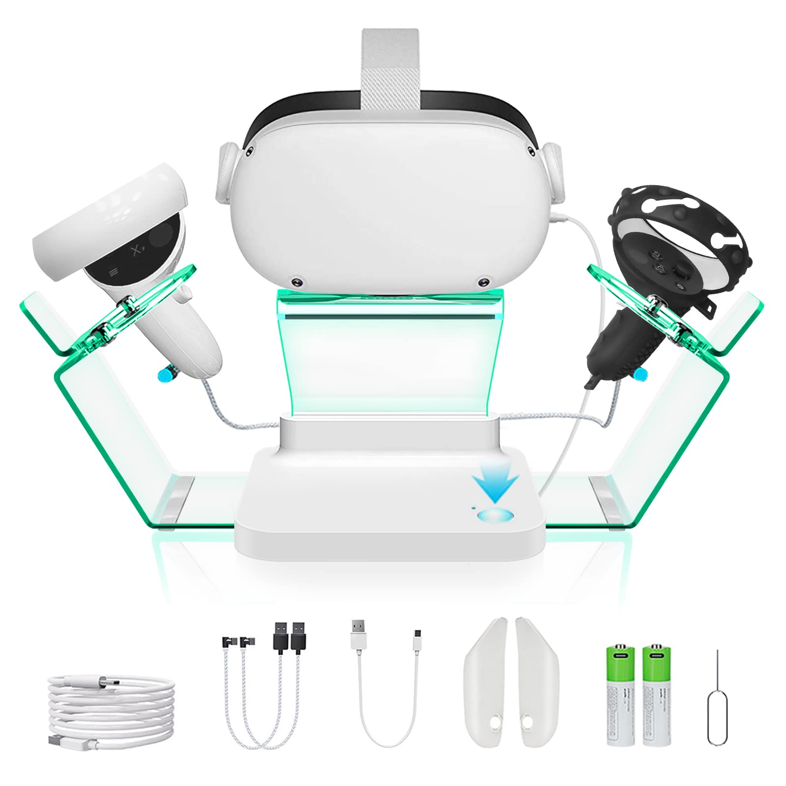 Esimen Charging Station Compatible for Oculus Quest 2 Charging Dock Stand Set LED Light, VR Display Holder and Magnetic Grip Mount with 2 Rechergeable Batteries and USB Cable [Support Head Strap]