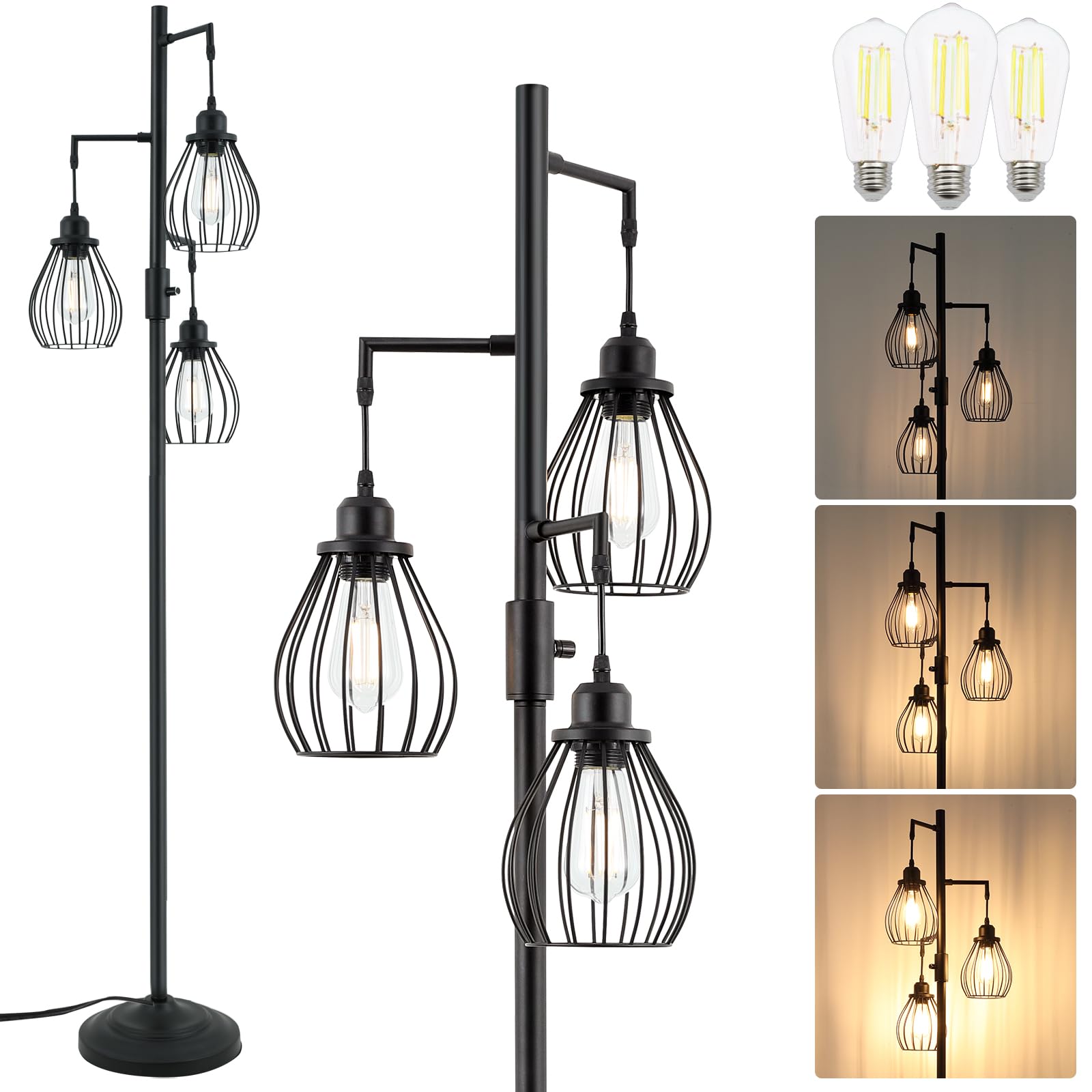 DYLBRIHOM 68.5” Dimmable Floor Lamp, Industrial Farmhouse Floor Lamps with Elegant Teardrop Cages, Rustic Floor Lamps Black Tall Vintage Pole Lamps for Living Room Bedroom Office, 3 LED Bulbs Included