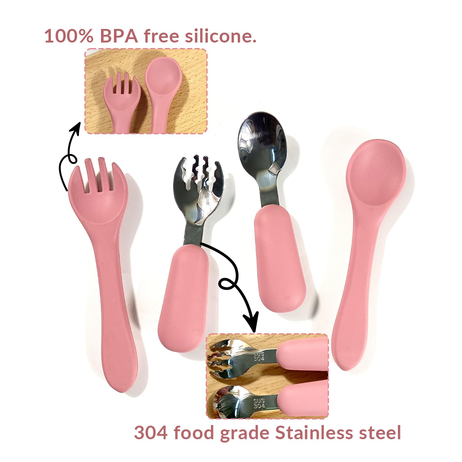 Light Mauve - Butterflies, Silicone Feeding Set | 8 Pcs Baby Led Weaning Supplies, Including Bib, Bowl, Plate, Training Cup, 1 Silicone Spoon & Fork Set, and 1 Stainless Steel Spoon & Fork Set