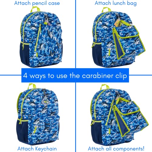 RALME Ocean Blue Camo Shark Backpack Set for Boys, 16 inch, 6 Pieces - Includes Foldable Lunch Bag, Water Bottle, Key Chain, & Pencil Case