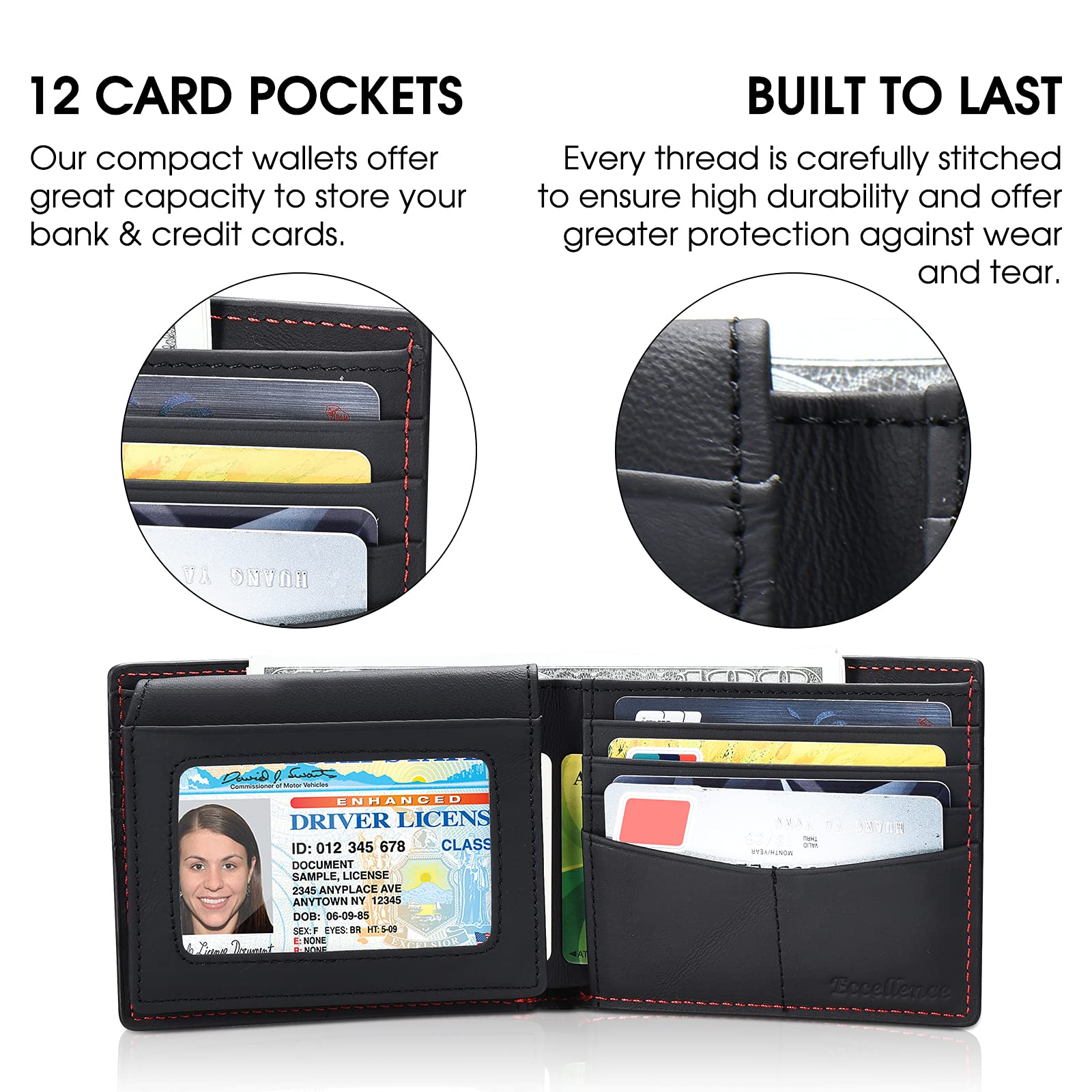 ECCELLENCE Wallets for Men RFID Blocking - Leather Wallet for Men Bifold, Men's Wallet Slim Minimalist, Carbon Fiber Wallets, Security Wallet, Genuine Leather Wallet, Birthday Gift for Husband and Dad
