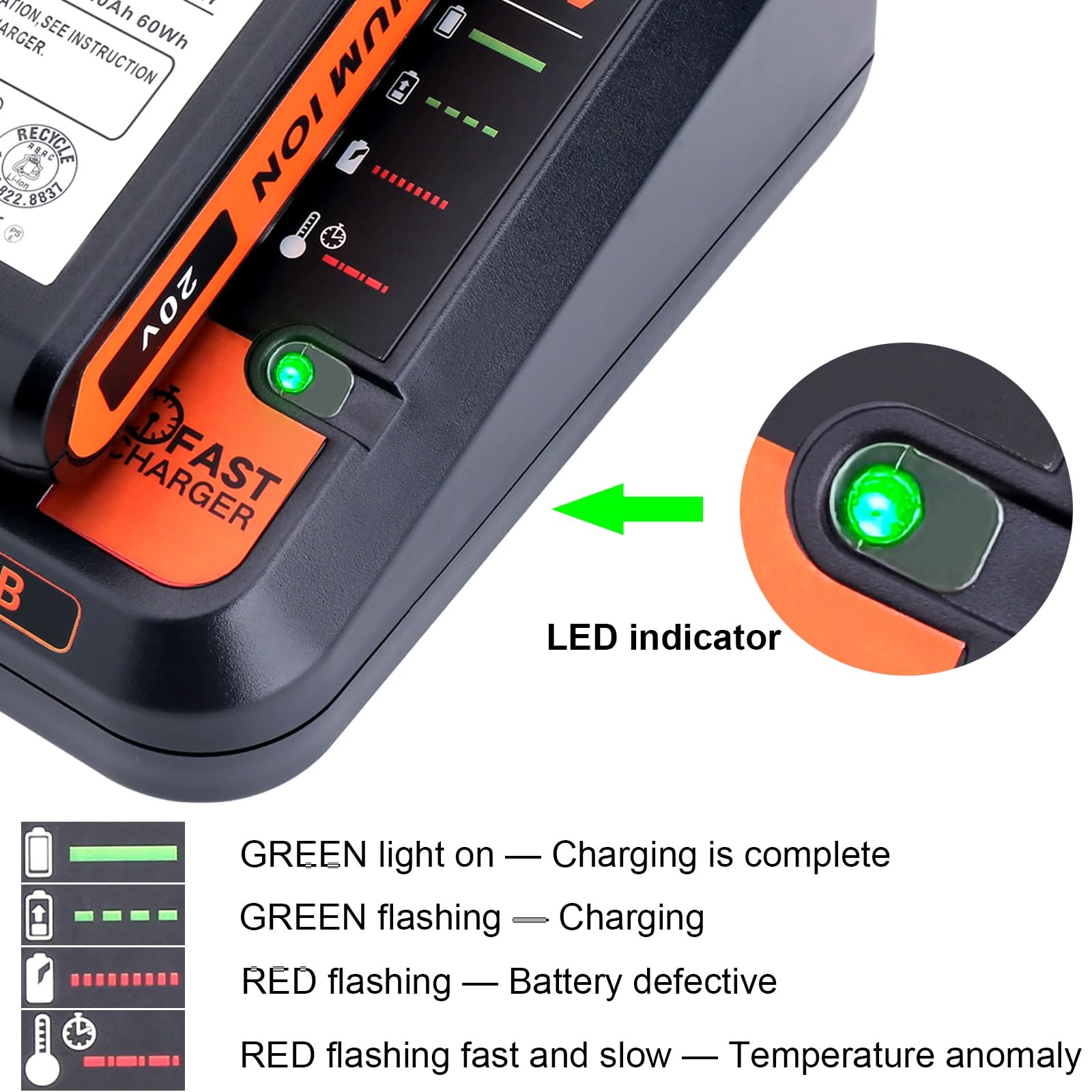 Qbmel 20 Volt Lithium Battery Charger BDCAC202B Replacement for Black and Decker 16V-20V MAX Lithium Battery LBXR20 LBX4020 LBXR20 LBXR2020 LBXR2020-OPE