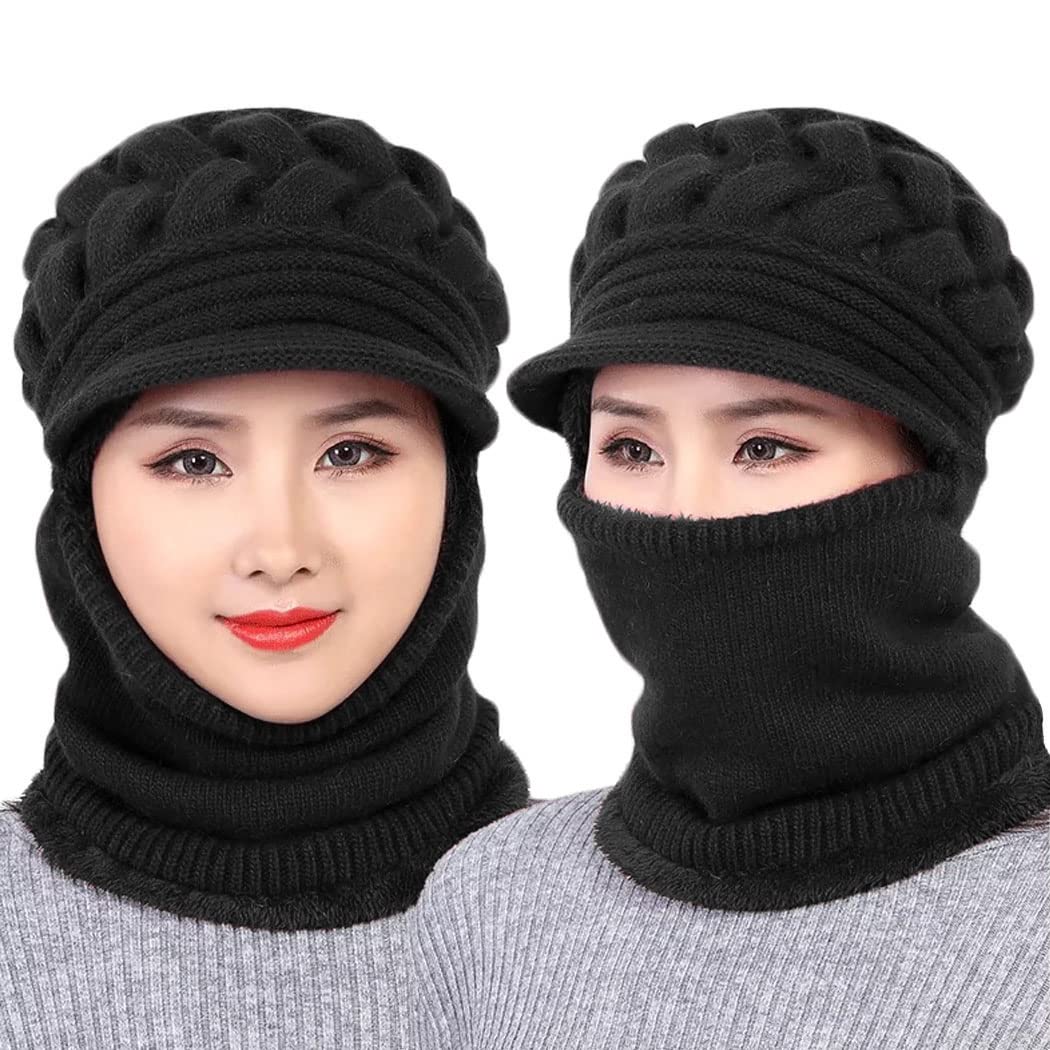 Fleece Lined Womens Beanie Knit Hat, Winter Scarf Mask Set,Middle-Aged and Elderly Mother Warm Hat Earmuffs Cap (one Size, Black)