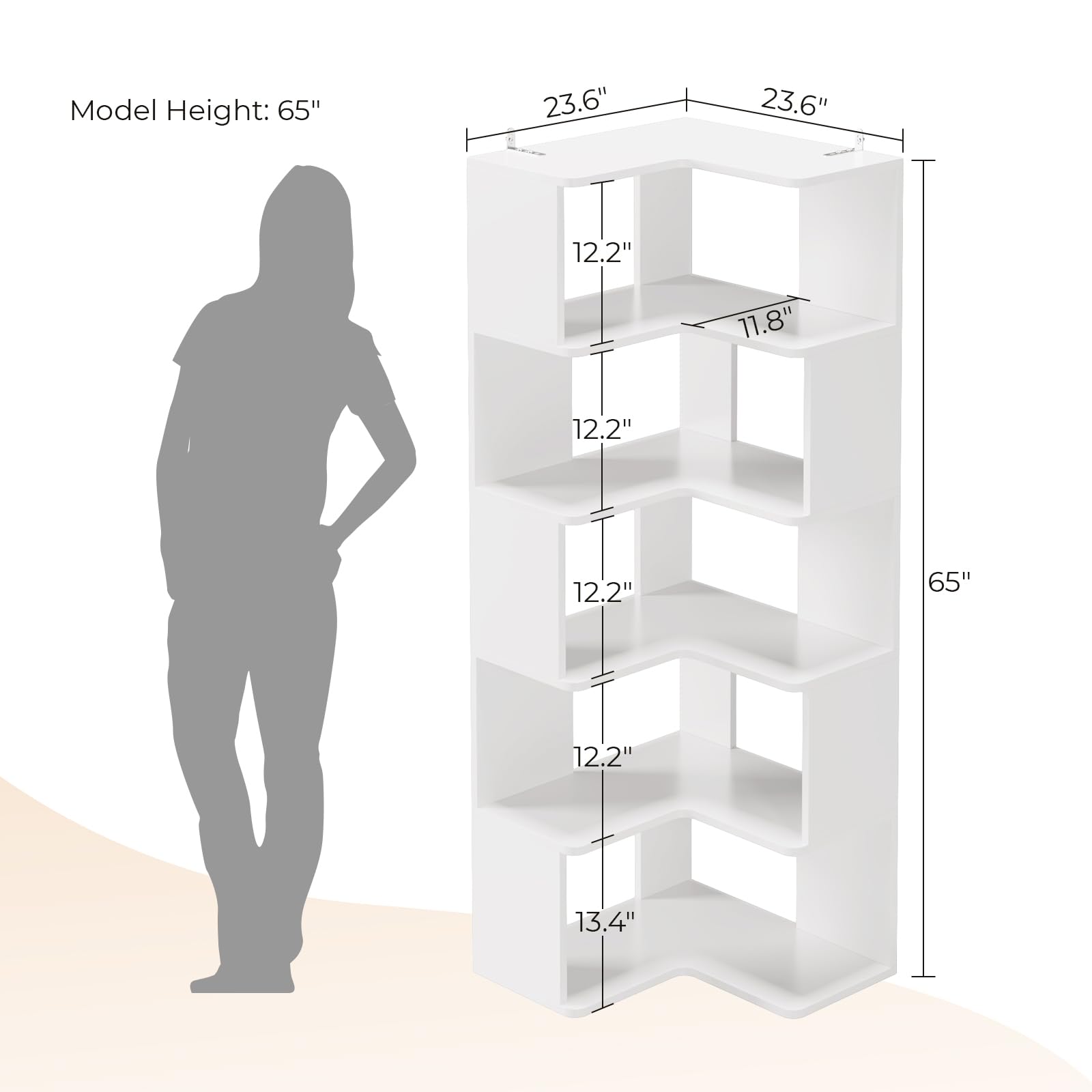 Karl home Corner Rack,64.96" Bookshelf with Anti-Drop Panel,Modern Shelf Display Rack Storage,Wooden Open Display Shelving Storage Rack,for Bedroom,Living Room,Small Space,Home Office,Bar,White