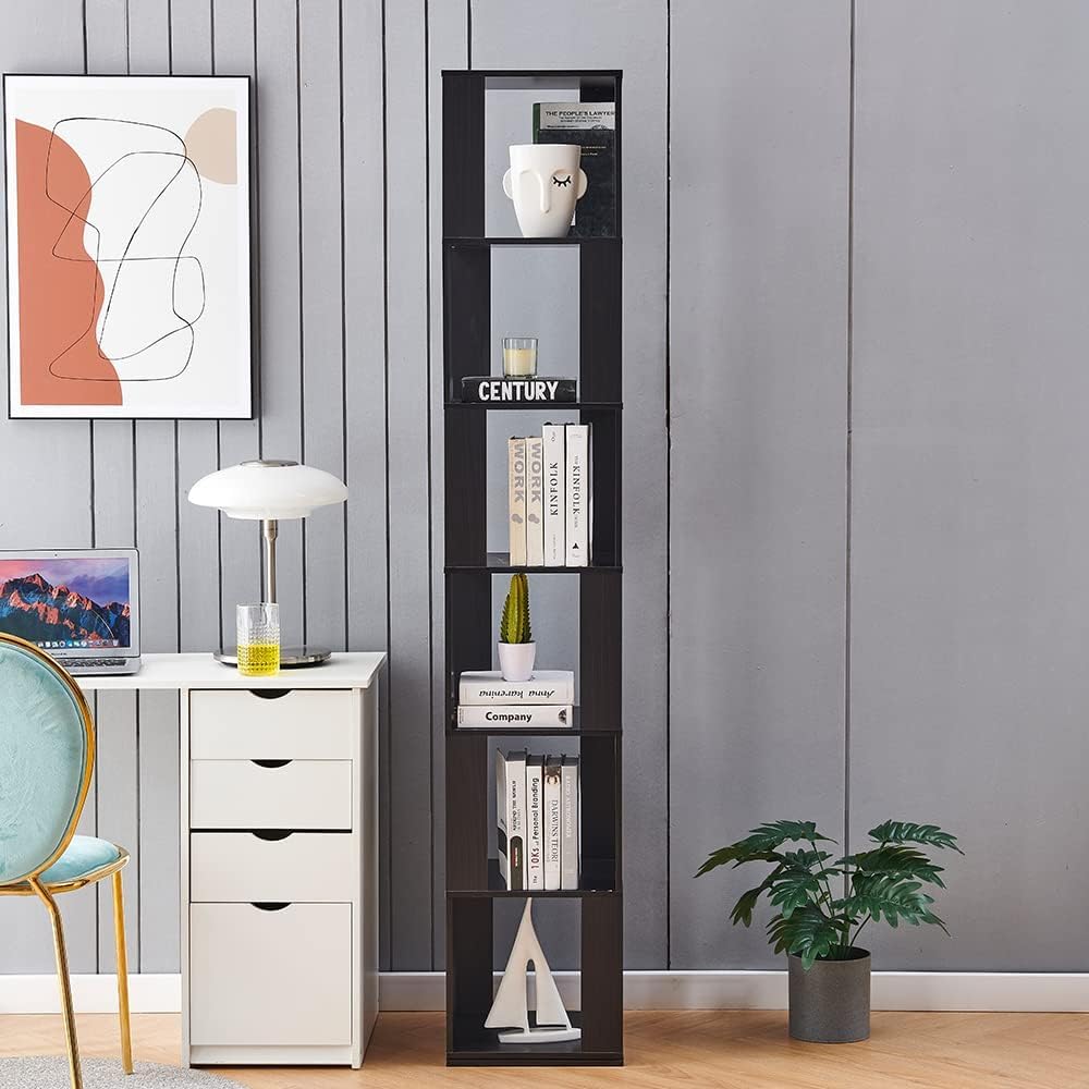RVEE Rotating Bookshelf 360°, 6 Tier Corner Bookcase for Living Room Floor Bookcase Wooden Bookshelf Home Office Corner Tall Bookcase (Black)