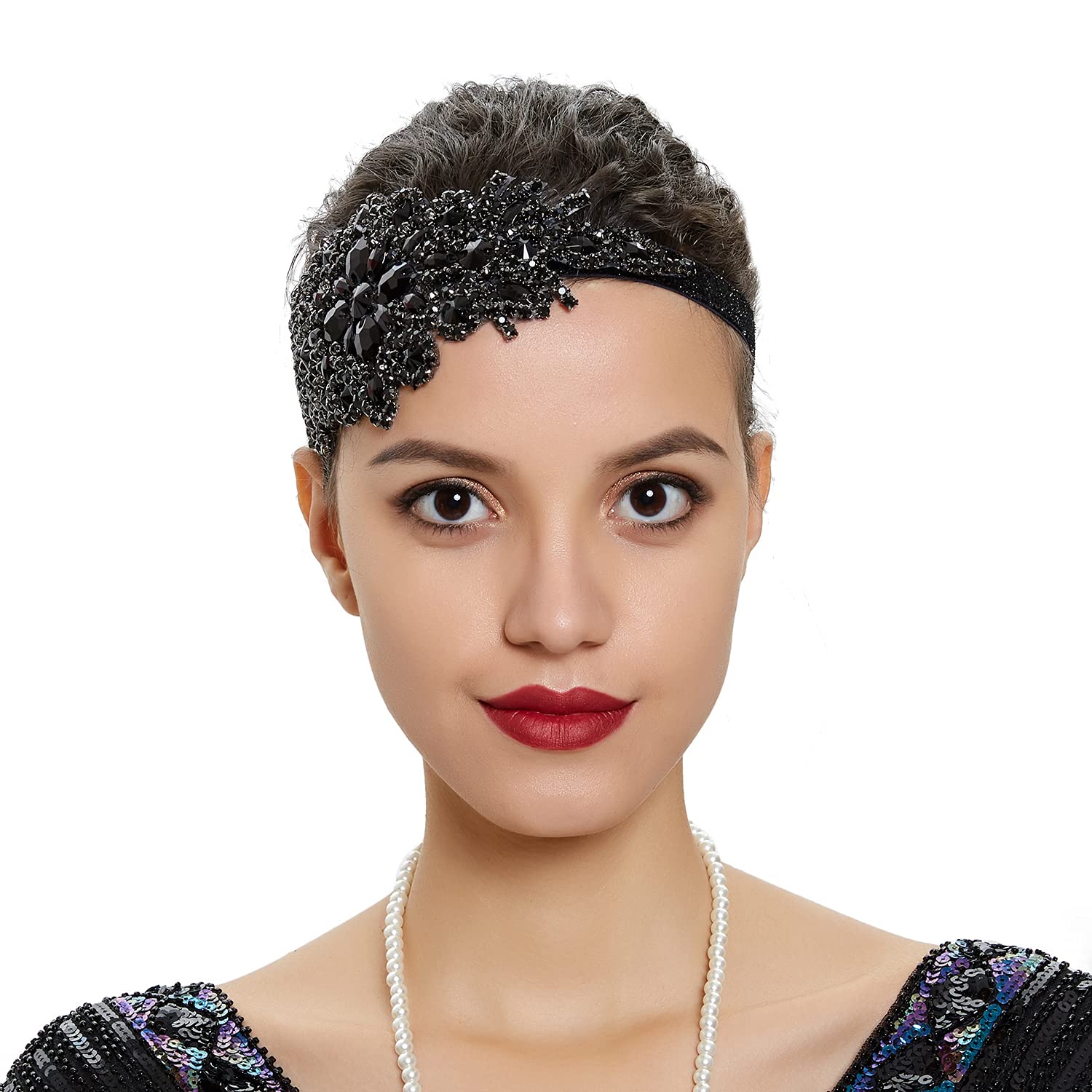LATIMOON 1920s Flapper Headband Ostrich Feathers Headpiece Roaring 20s Sequins Headband Great Gatsby Hair Accessories for Women