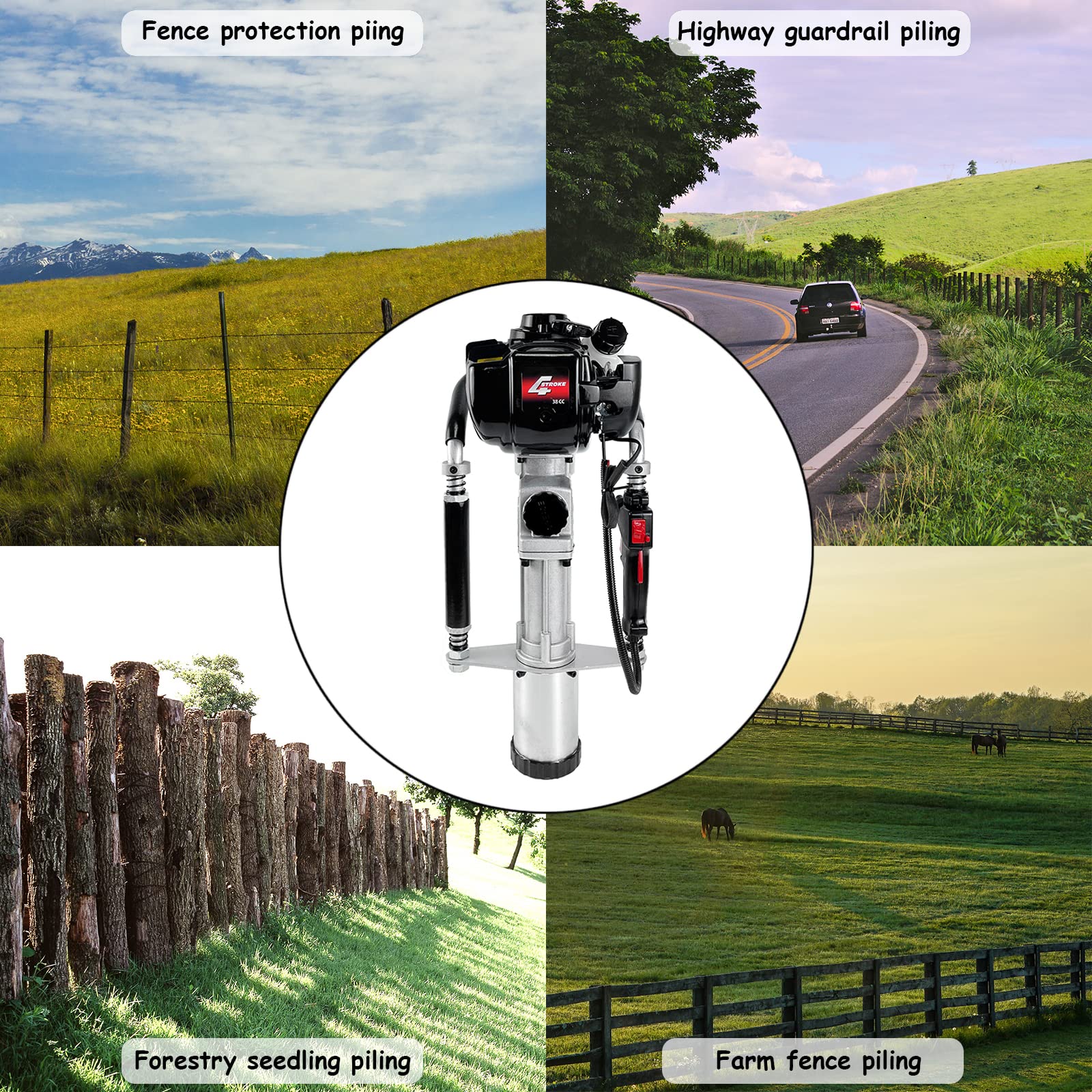 JKCHEN PRO 4 Stroke Gas Powered T Post Driver Hammer Drill, 37.7CC Air Cooling Single Cylinder Gasoline Petrol Fencing Tool with 3 Post Driving Head - 45mm,55mm,88mm pile sleeve
