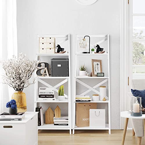 LUARANE Modern 4-Tier Ladder Shelf, Wooden Bookshelf with X-Shaped Frame, Free Standing Bookcase with 4 Open Storage Shelves, Organizer Shelf for Living Room Kitchen Office (2, White)