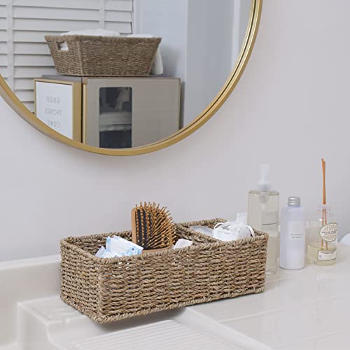 StorageWorks 3-Section Wicker Baskets for Shelves, Hand-Woven Seagrass Storage Baskets, 2-Pack