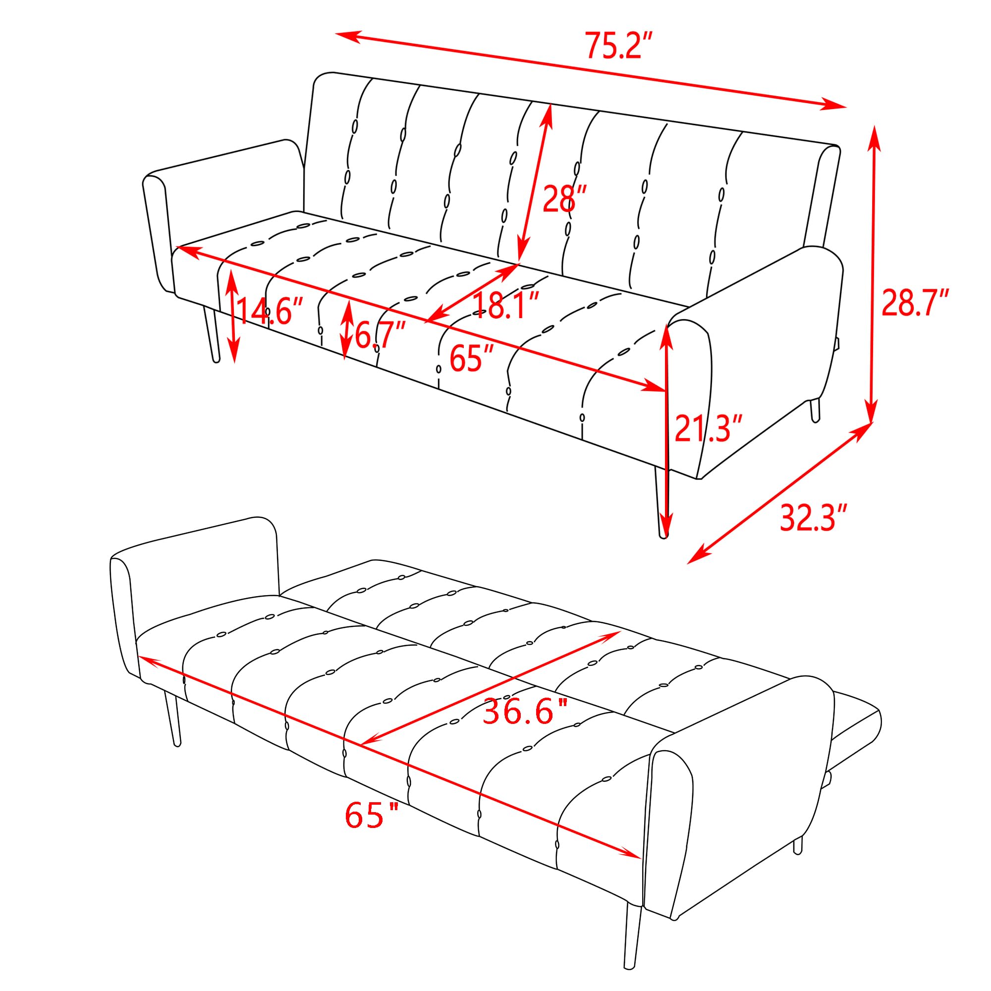 MODCART 75 Inch Velvet Futon Sofa Bed with Adjustable Back, Convertible Futon Couch, w/Tufted Buttoned Design & Metal Legs, Upholstered Slpper Bed for Home, Small Space Apartment