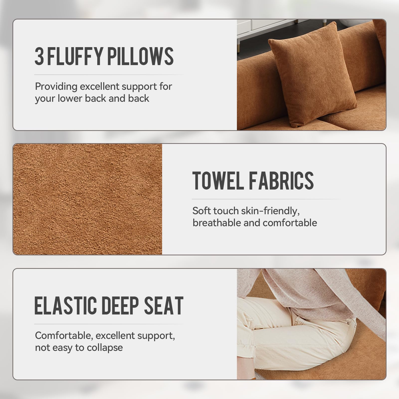 KarvinshCraft Curved Sectional Sofa, Modern Sectional Sofa with Terrycloth Fabric 4-Seater Oversized Curved Couch with 3 Pillows Modern Sofas for Living Room Apartment Bedroom Brown