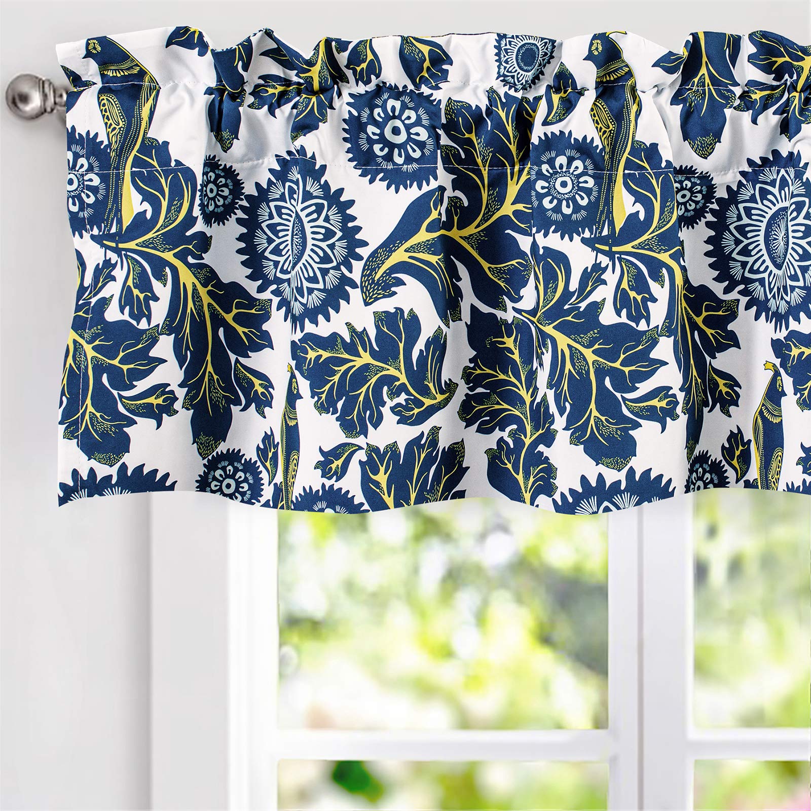 DriftAway Bird Tree Floral Flower Leaf Lined Thermal Insulated Energy Saving Window Curtain Valance for Living Room Bedroom Kitchen 2 Layer Rod Pocket 52 Inch by 14 Inch Plus 2 Inch Header Navy
