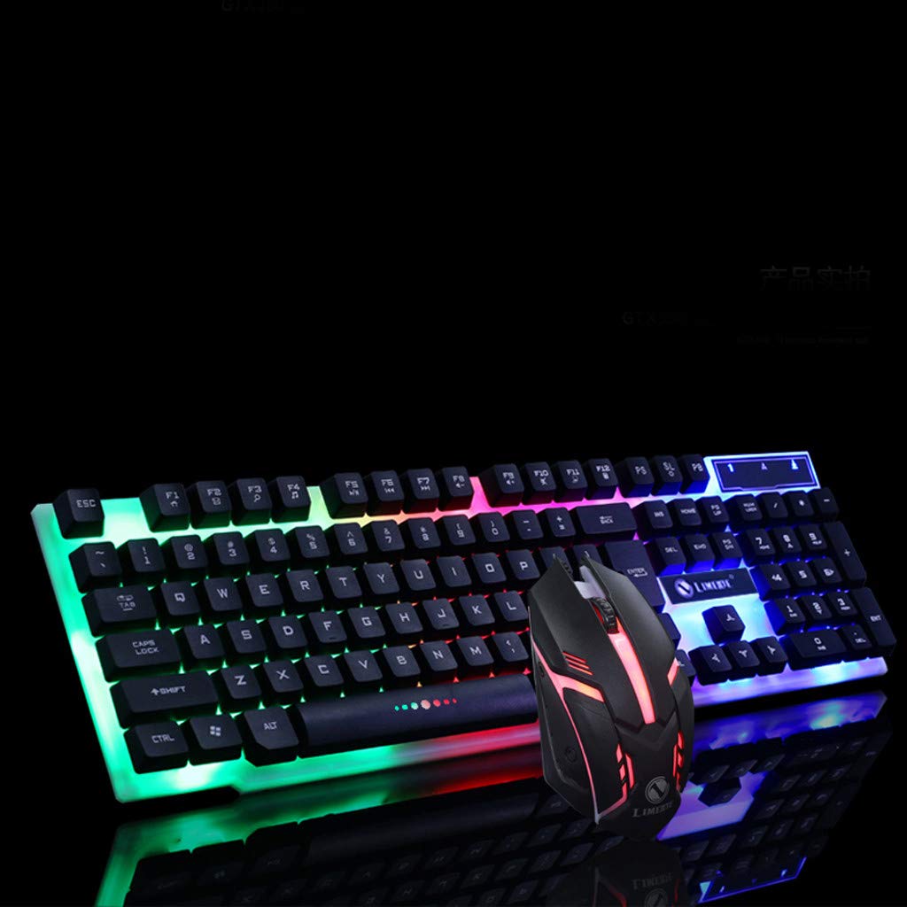 EDTO Gaming Keyboard Mouse Set,GT300 Colorful LED Illuminated Backlit USB Wired PC Rainbow Gaming Keyboard Mouse Set (Black,White) (Black)