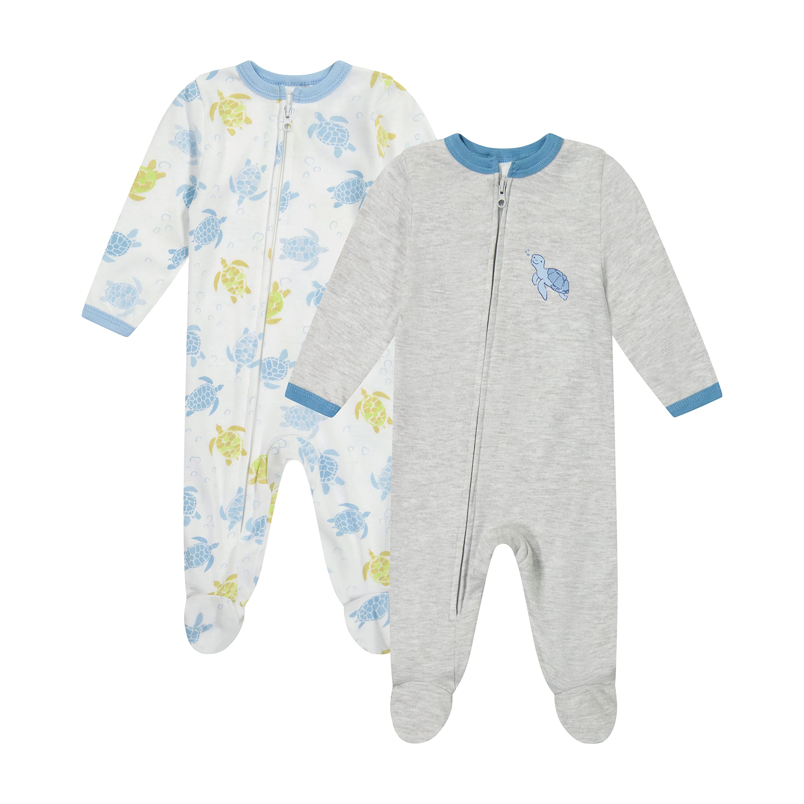 Laura Ashley 2-Pack Unisex Footie Pajamas Baby Zipper, Footed Infant Clothing, Sea Turtle Grey PJs/3M