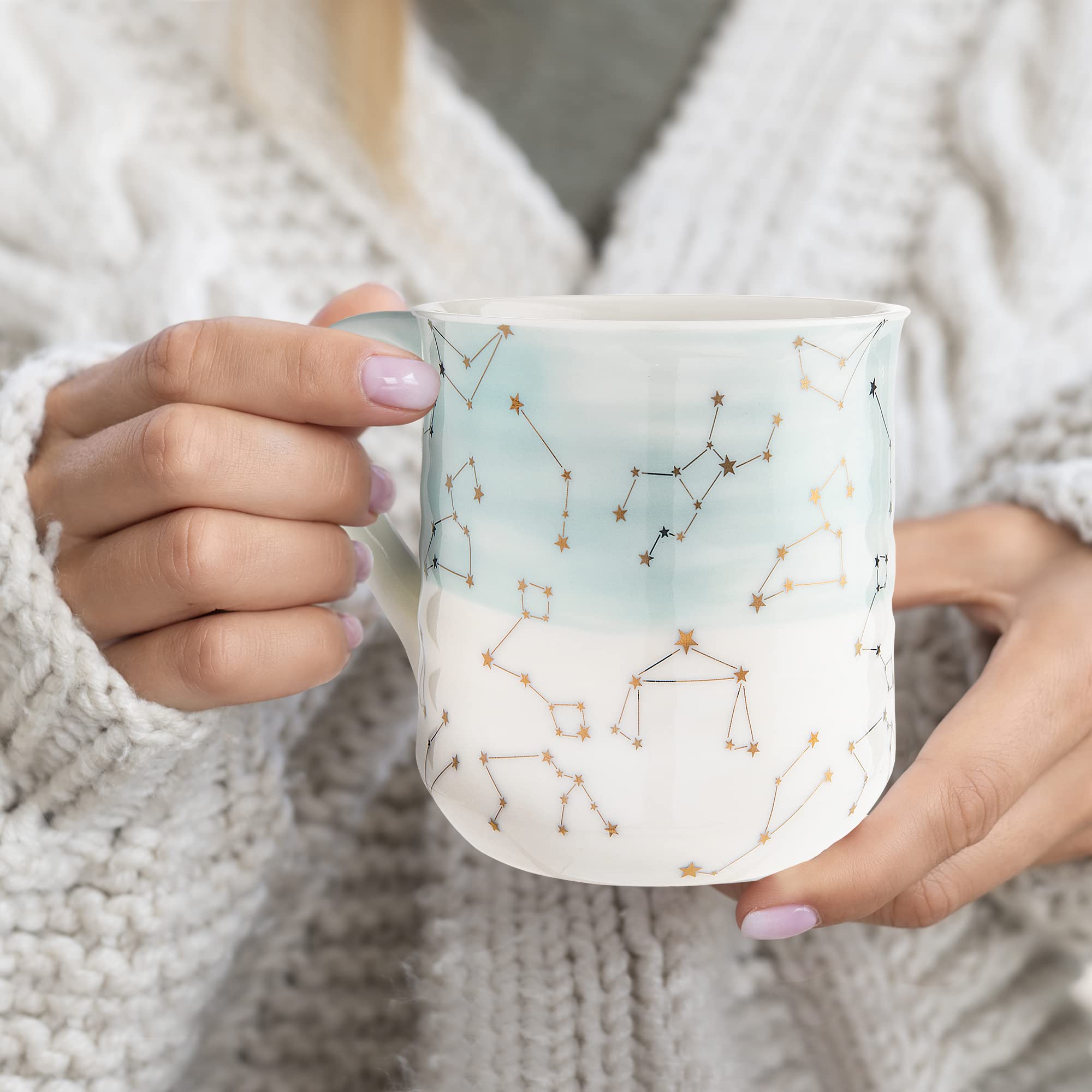 Dwell Studio Set of 2 Stoneware Coffee Mugs- Astrology Sign, Constellation Coffee Cups, Mugs for Tea, Latte, and Hot Chocolate, 17 oz (Light Blue and Pink)