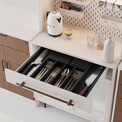 WUSHIZHUHUN Utensil Organizer Silverware Tray for Drawer - Bamboo Knife Drawer Organizer Expandable Cutlery Organizer in Drawer Knife Block W12.8-20.2" x L16 x H2 (Black)