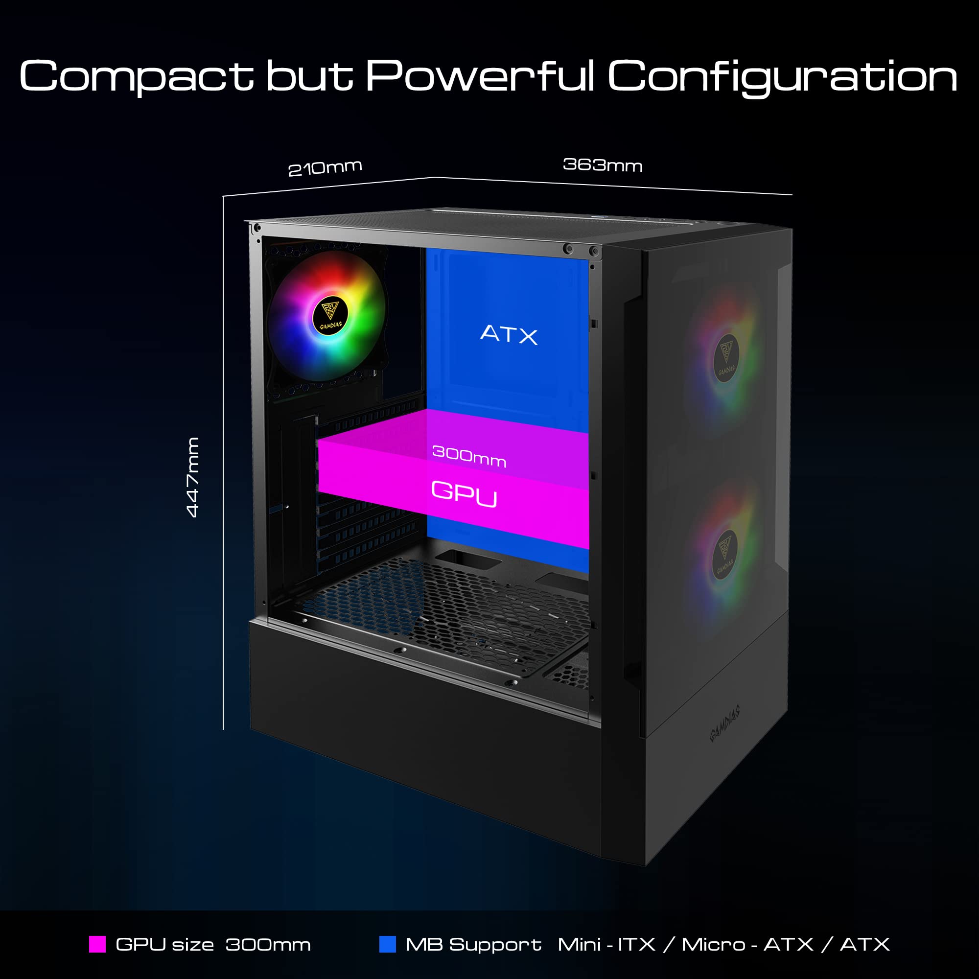 Gamdias RGB Gaming ATX Mid Tower Computer PC Case with Side Tempered Glass Panel and a Magnetic Dust Filter & 3 Built-in 120mm ARGB Fans