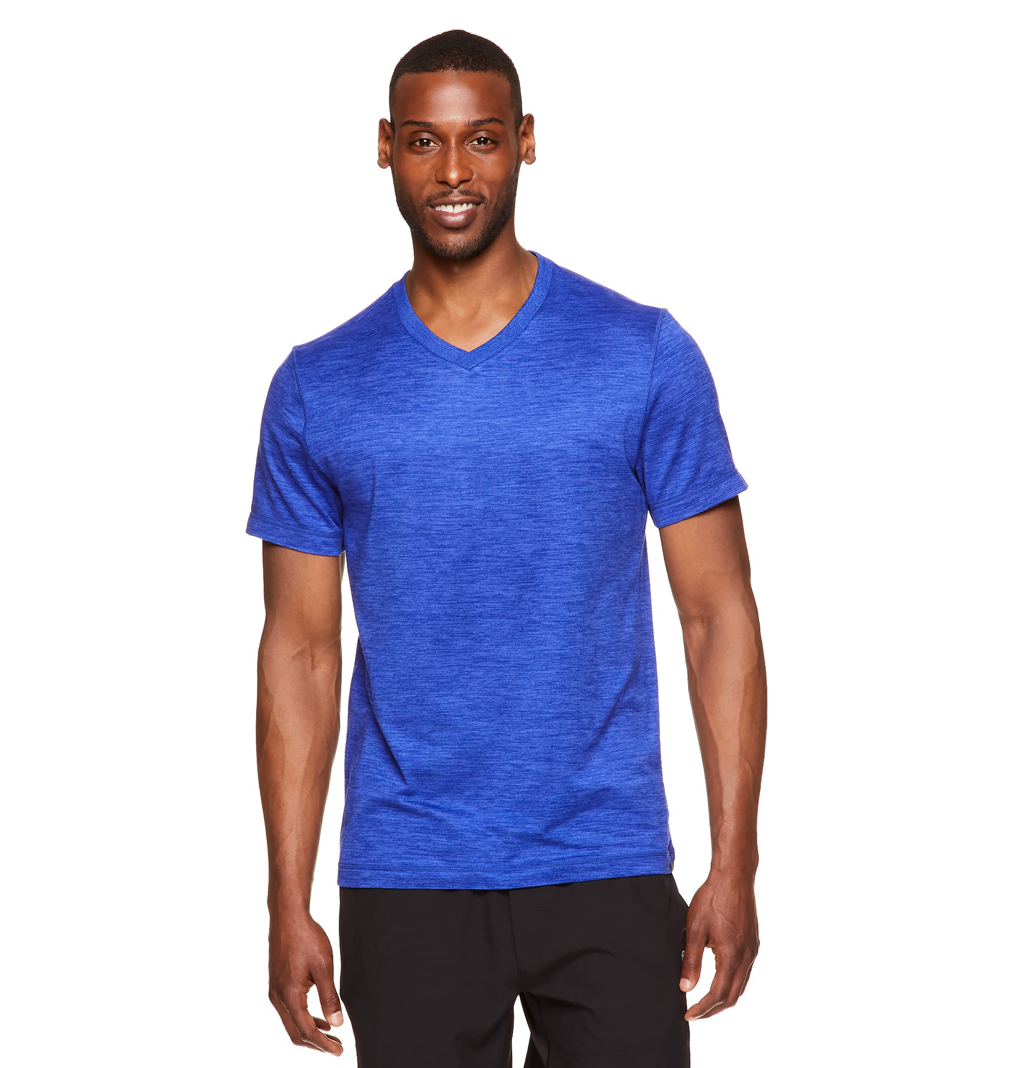 Gaiam Men's V-Neck Yoga T-Shirt - Moisture Wicking Gym Training and Workout Shirt - Everyday Blue Heather, Medium