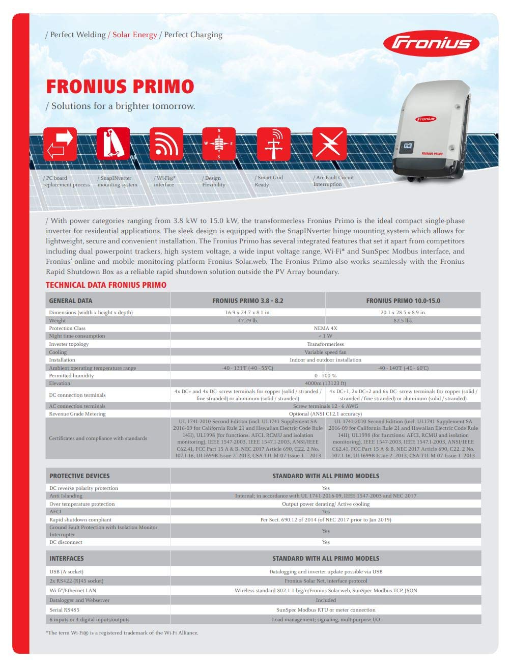 Fronius 4,210,063,800 Primo 5.0-1 Solar Inverter Grid-Tie 5000W - Single Phase - 2 MPPT - 208/240VAC, NEMA 4X Indoor/Outdoor