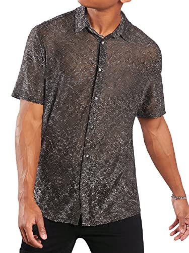 WDIRARA Men's Contrast Glitter Button Front Shirt Stand Collar Shirt Short Sleeve Tops Black XL