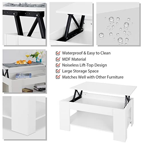 SUPER DEAL Lift Top Coffee Table with Hidden Compartment and Storage Shelf, Large Storage Space Rising Tabletop Dining Table Compact Cocktail Table for Living Room Reception Room, 38.6in L, White