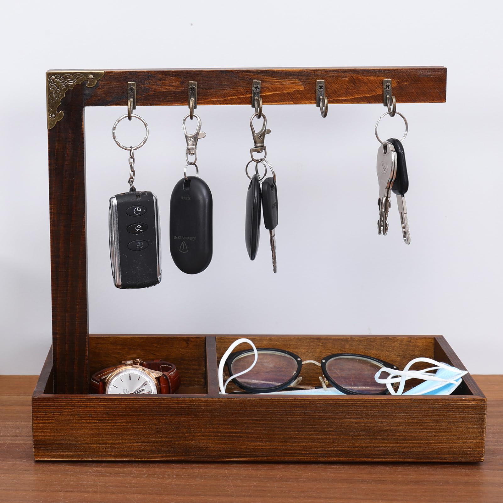 QingNian Wooden entryway Key Holder countertop Key Holder, Antique Decorative Organizer with Storage Tray and Five Bronze Hooks, Necklace Ring Jewelry Key Holder Hanging Organizer…
