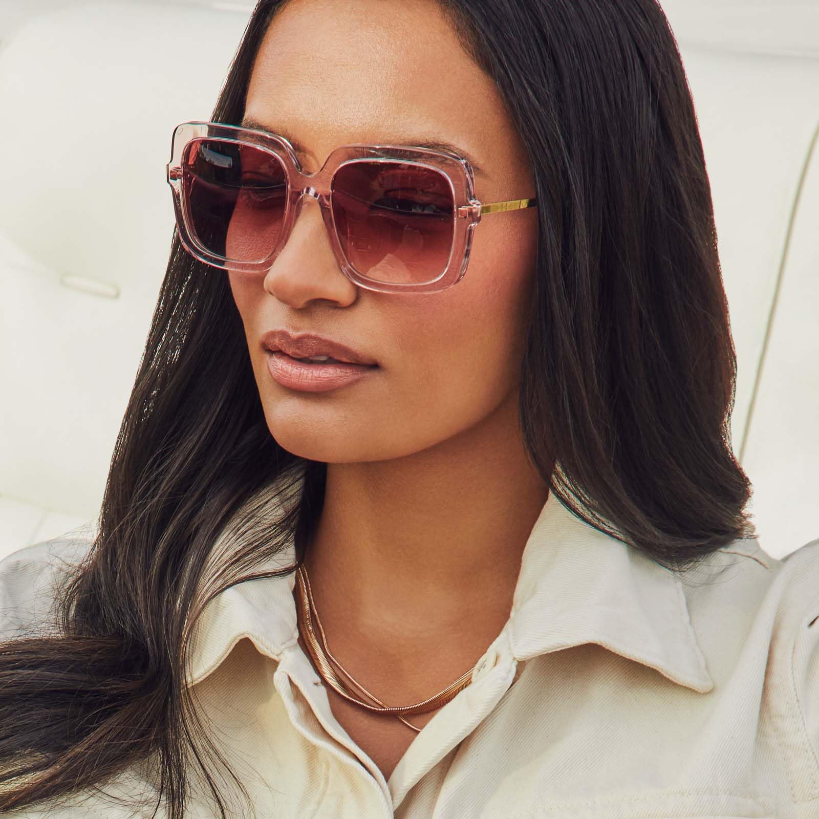 DIFF Sandra Designer Oversized Square Sunglasses for Women UV400 Protection, Light Pink Crystal + Dusk Gradient