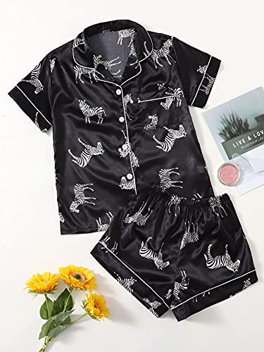 WDIRARA Women's Sleepwear Zebra Print Shirt and Shorts Cute Pajama Set Animal Black XL