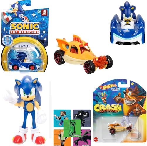 Hot Wheels Speed Tails Car Sonic The Hedgehog Bundle: Character Game Car + Cool Crash Team Bandicoot Retro Video + Figure & Creeper 8-Bit Stickers! 3 Items