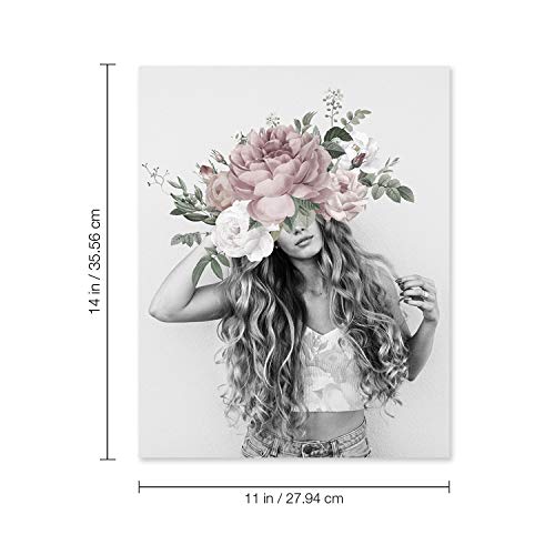 Fashion Woman Flower Head Modeling - Wall Decor Poster Print - Trendy Cute Beautiful Feminine Fine Visual Art Display (Framed)