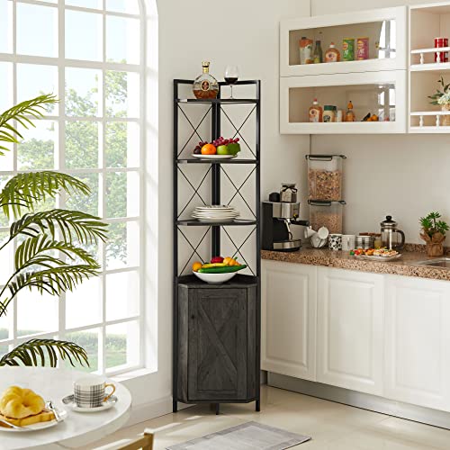MIERES 5-Tier Standing Corner Shelf with Storage, Tall Ladder Corner Cabinet Bookshelf Bookcase with Door and Shelves, Rustic Display Plant Stand for Living Room, Bedroom, Home Office, Kitchen, Grey
