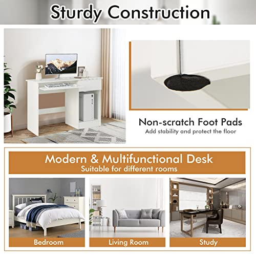 IFANNY White Computer Desk with Drawers, Modern Office Desk with Keyboard Tray and Open Storage Shelf, Work Desk for Home Office, Small Computer Desk for Small Spaces…