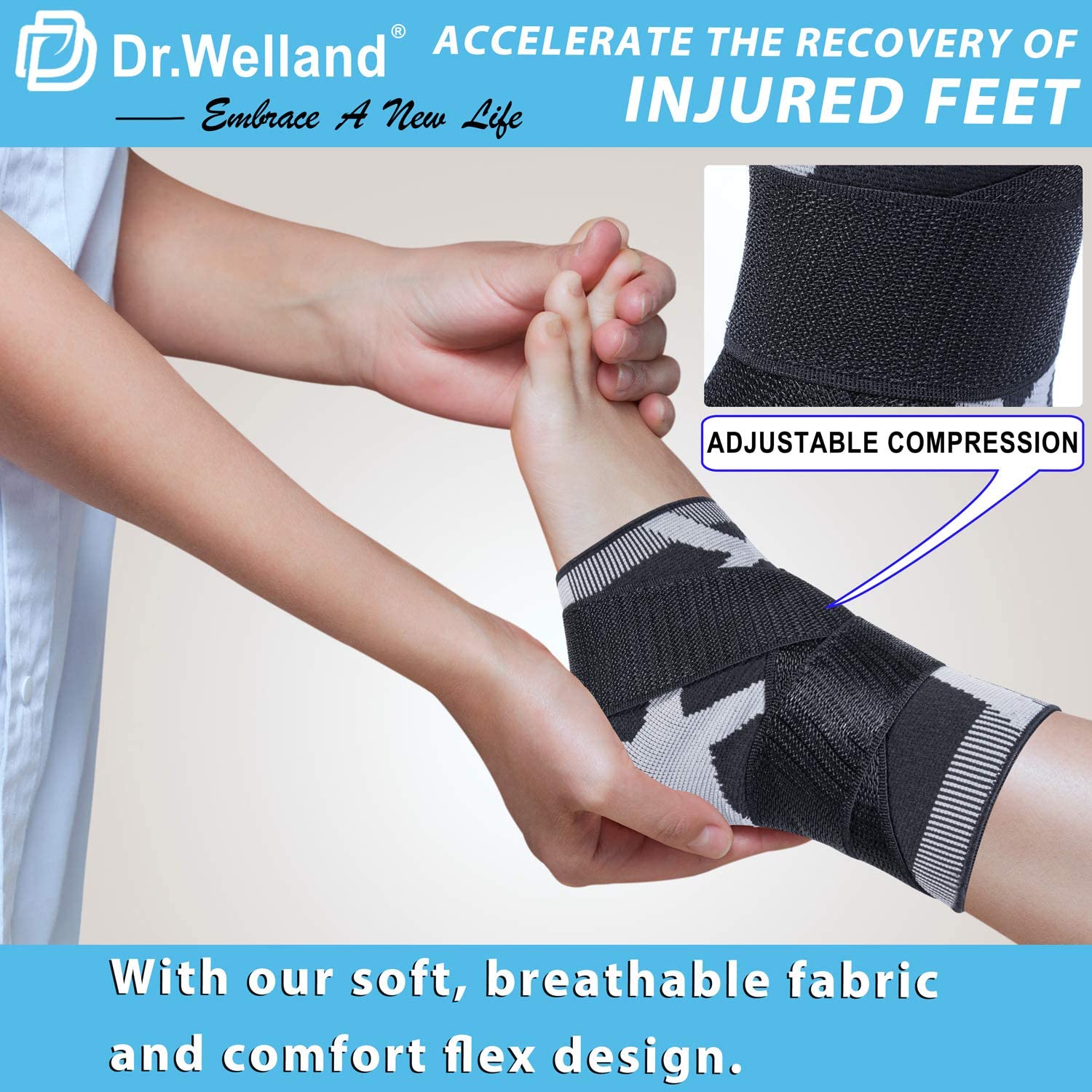 Dr.Welland 2 Pack Foot Sleeve Ankle Brace Compression Support Sleeve for Injury Recovery, Swelling, Joint Pain, Sprained Ankle, Achilles Tendon, Heel Spurs, Plantar Fasciitis with Adjustable Strap.