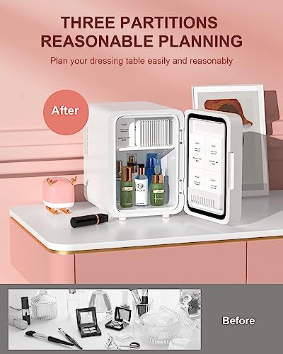 Skincare Fridge - Makeup Fridge With Dimmable LED Light Mirror, 4L Mini Fridge for Bedroom, Car, Office & Dorm, Cooler & Warmer, Portable Small Refrigerator for Cosmetics, Skin Care and Food, White